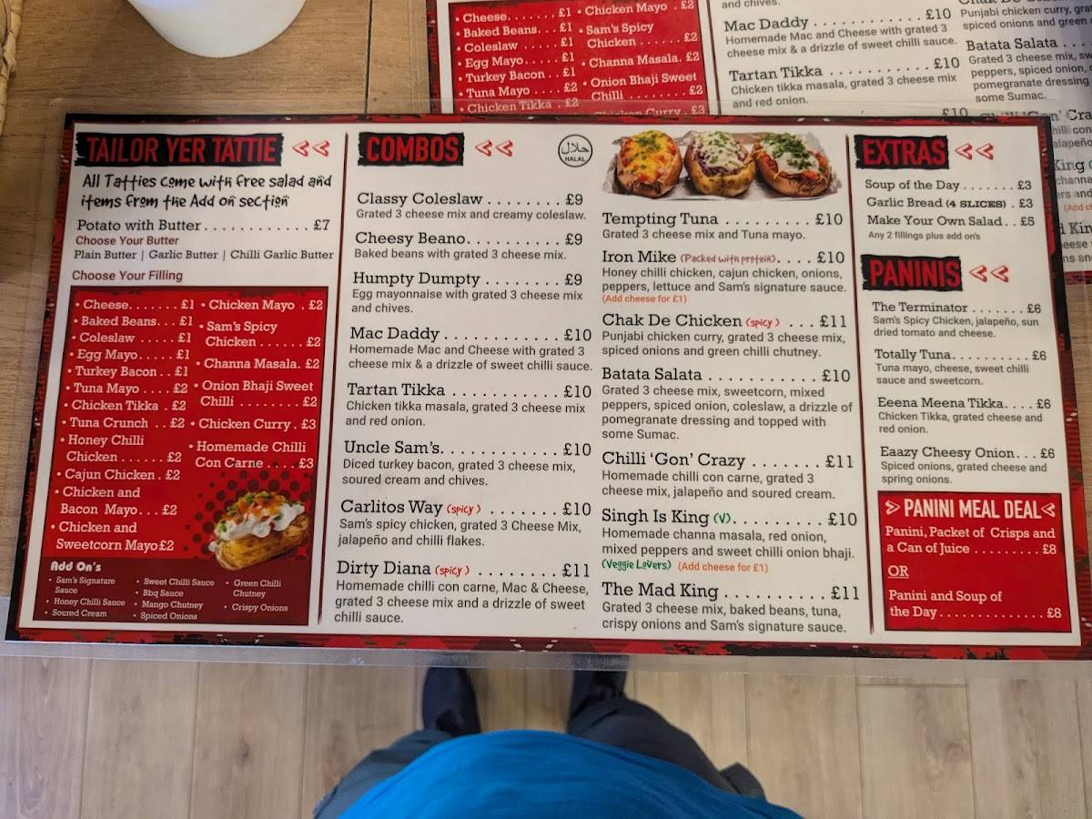 Menu at Tempting Tattie fast food, Edinburgh
