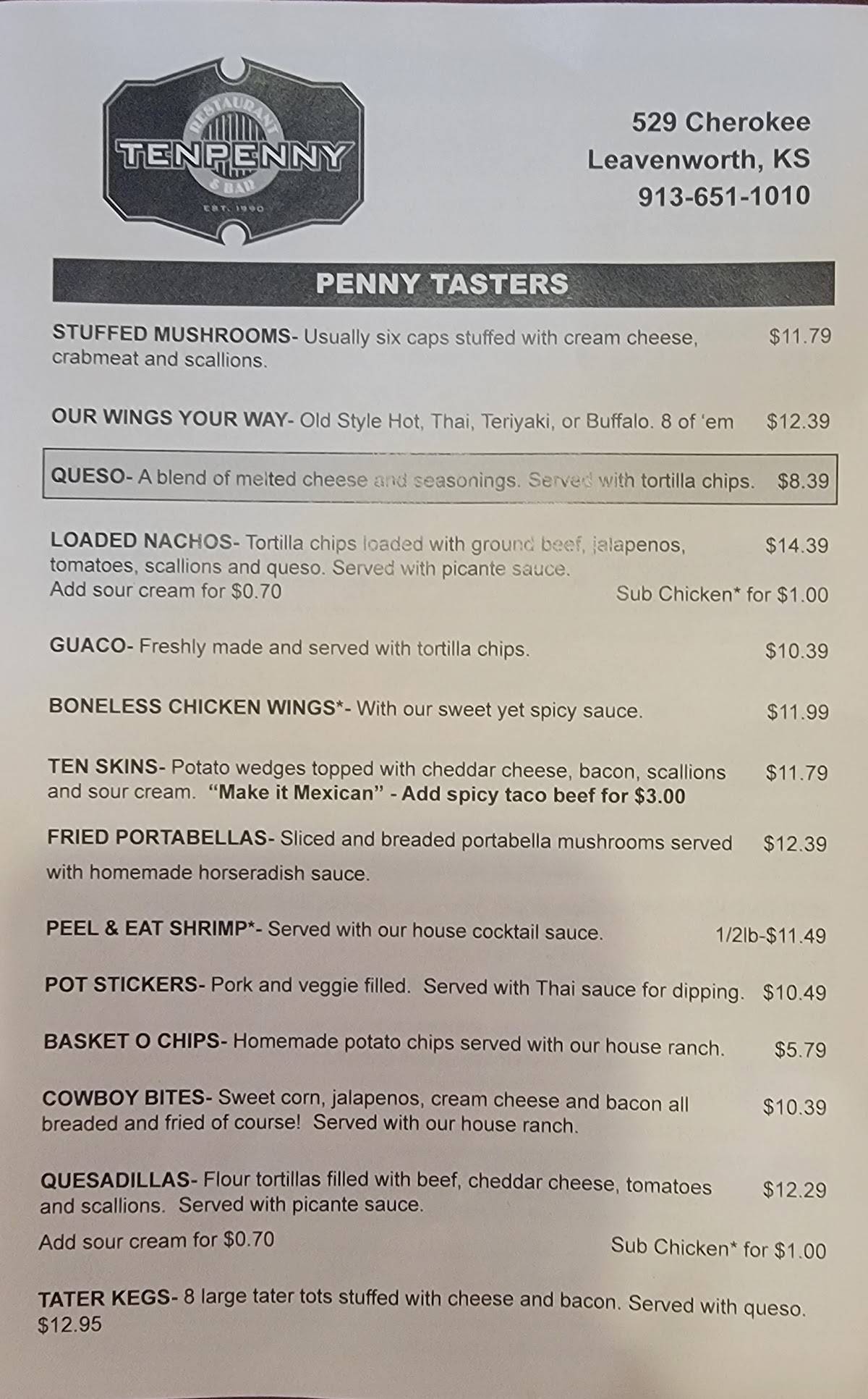 Menu at Ten Penny Sports Bar and Grill, Leavenworth, 529 Cherokee St