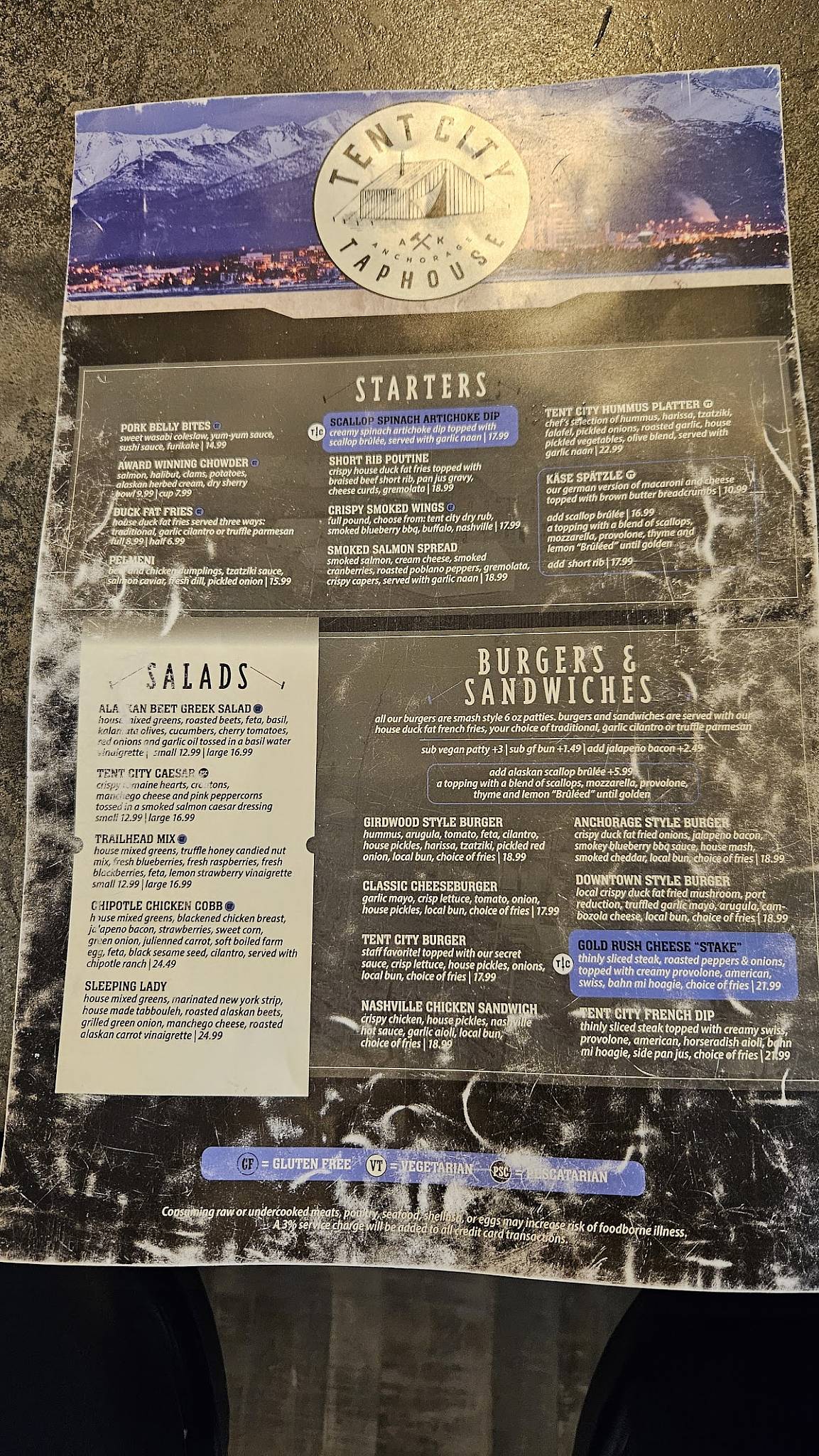 Menu at Tent City Taphouse pub & bar, Anchorage