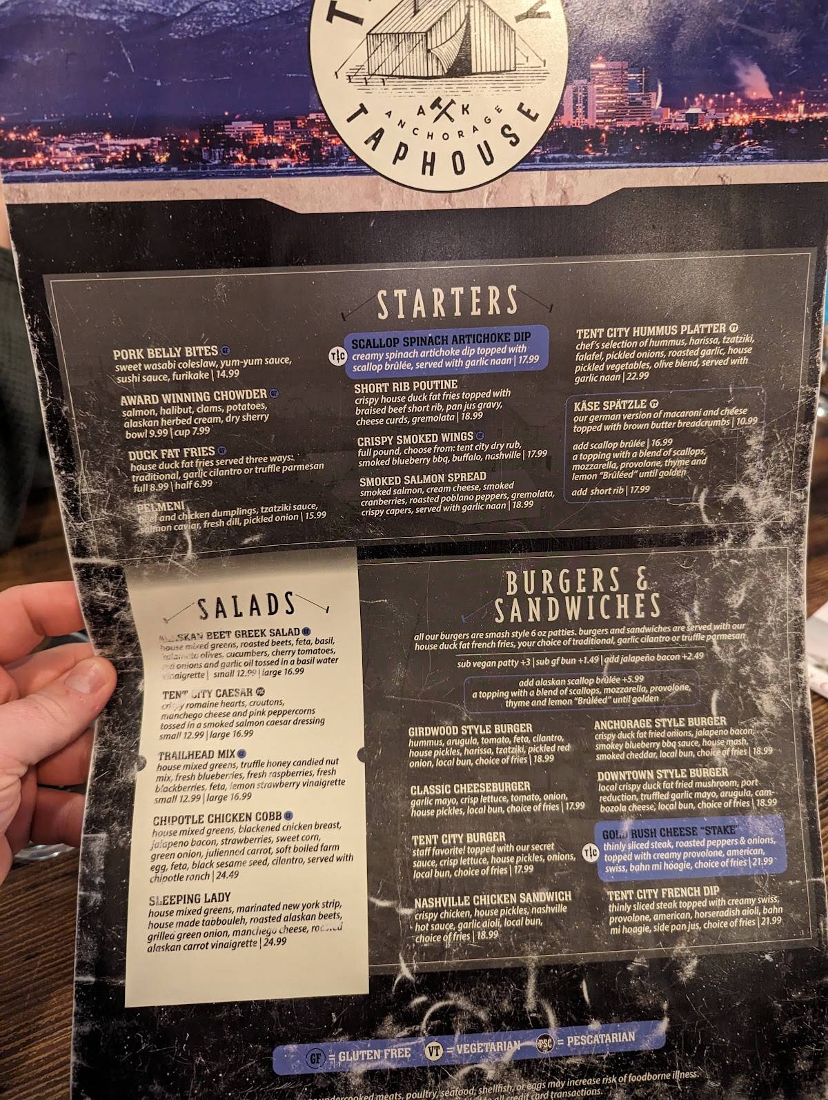 Menu at Tent City Taphouse pub & bar, Anchorage