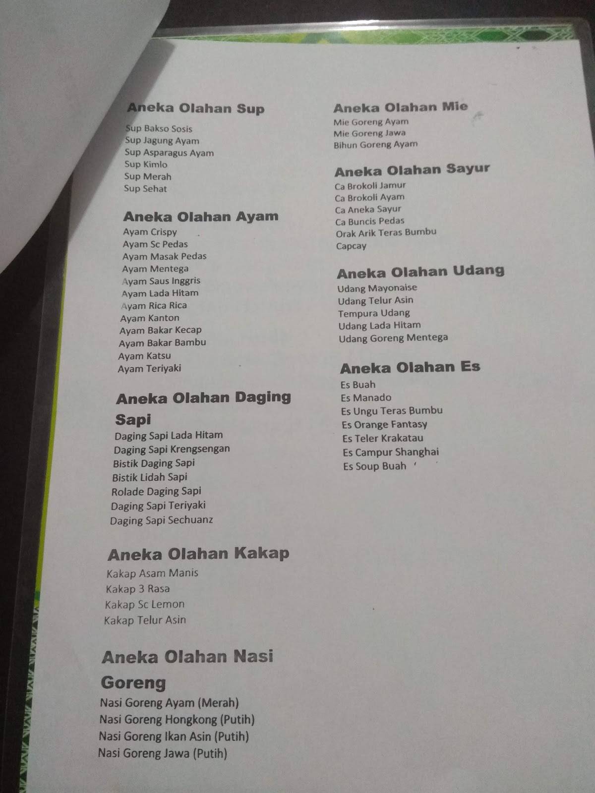 Menu at Teras Bumbu Waroeng restaurant, Malang