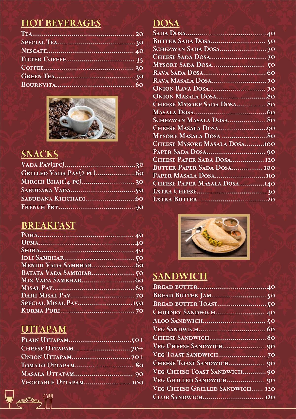 Menu at Terracotta Cafe, Reis Magos