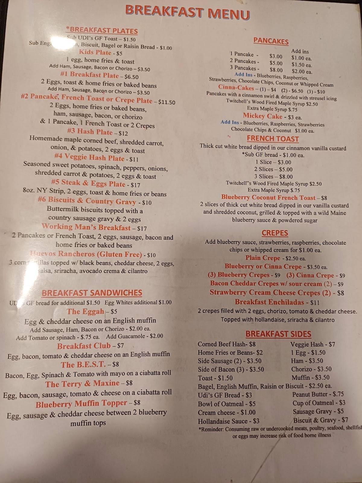 Menu at Terry & Maxine's desserts, Turner
