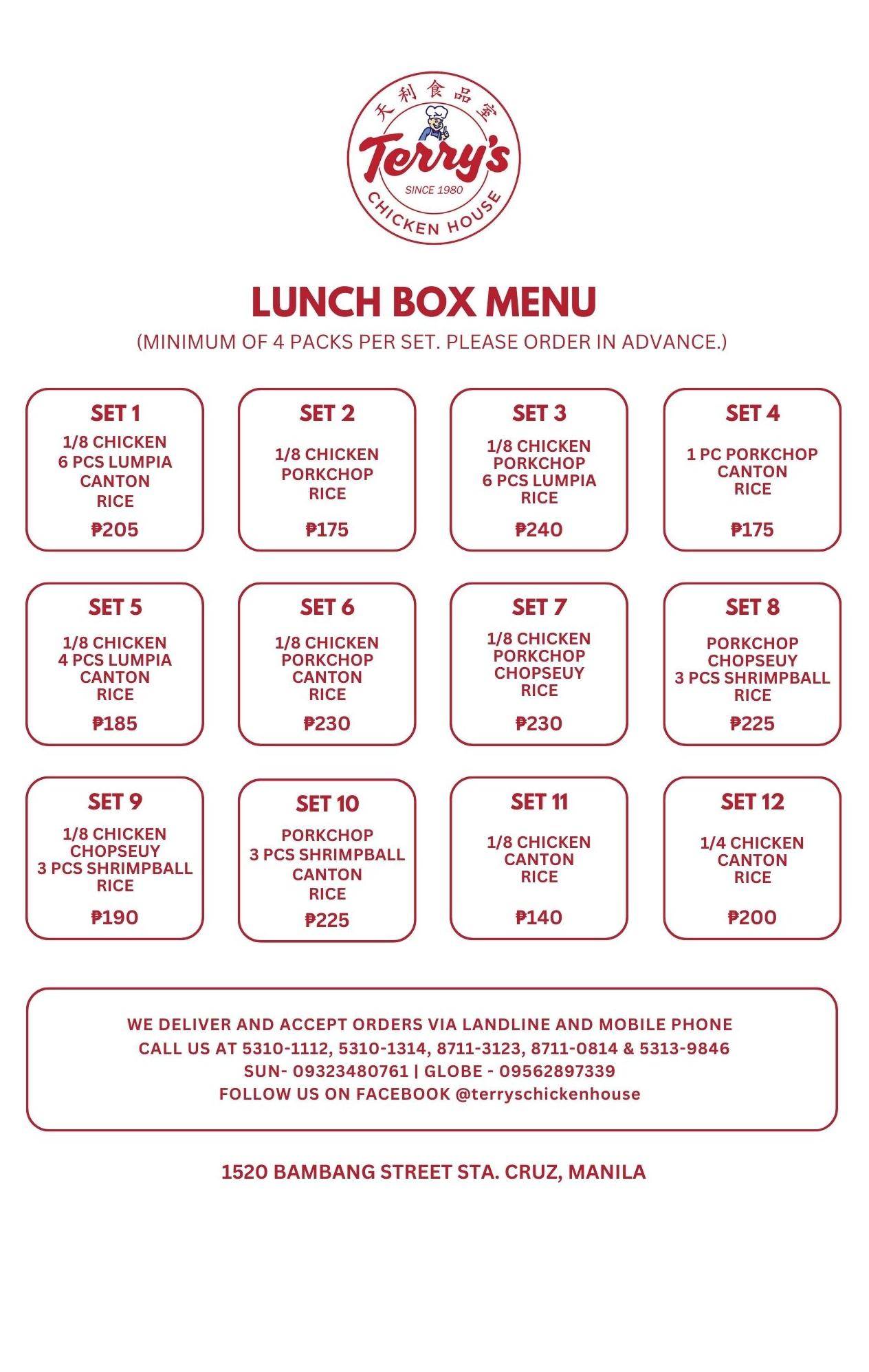 Menu at Terry's Chicken House restaurant, Manila, Bambang St
