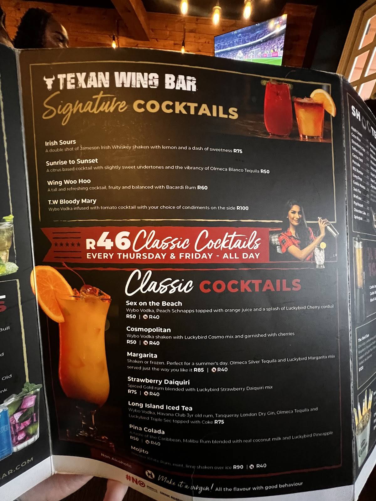 Menu at Texan Wing Bar Gold Reef City, Johannesburg