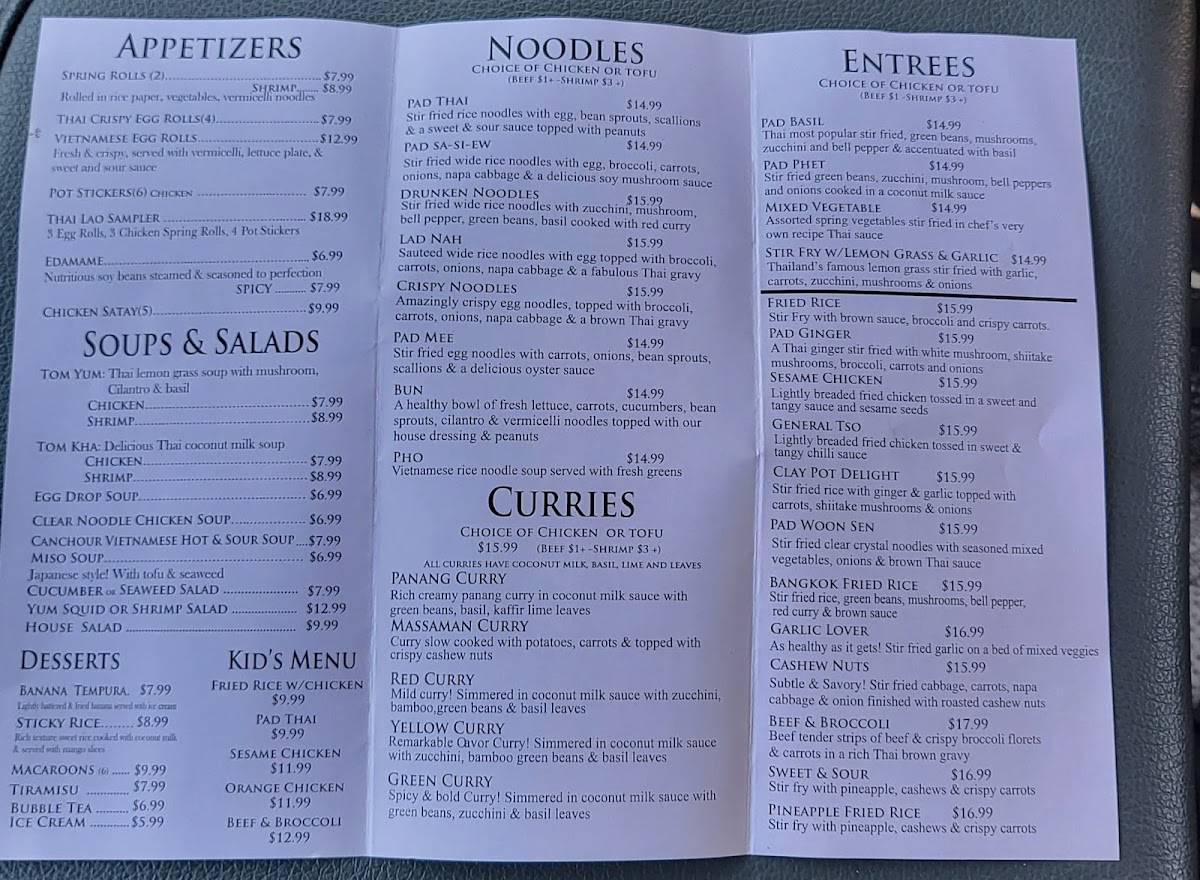 Menu at Thai-Lao Orchid restaurant, Bulverde