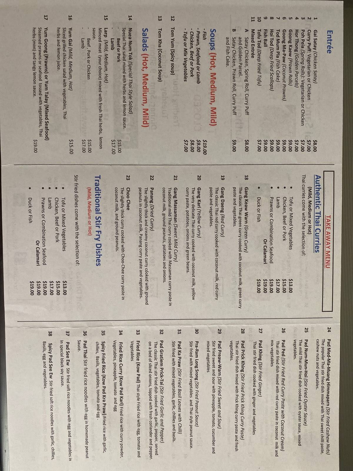Menu at Thai Sandgate Restaurant, Sandgate