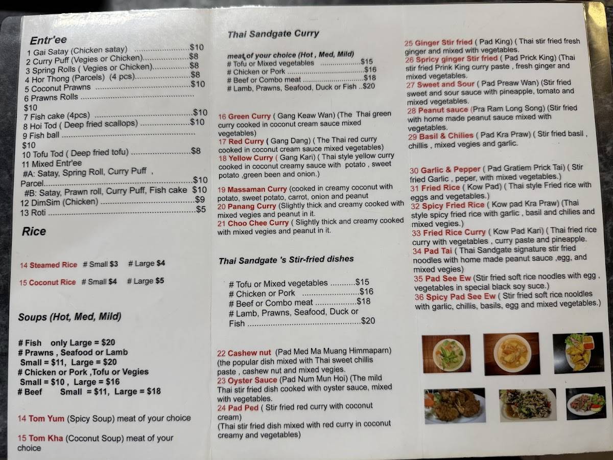 Menu at Thai Sandgate Restaurant, Sandgate