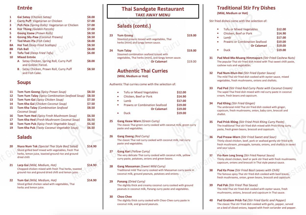 Menu at Thai Sandgate Restaurant, Sandgate