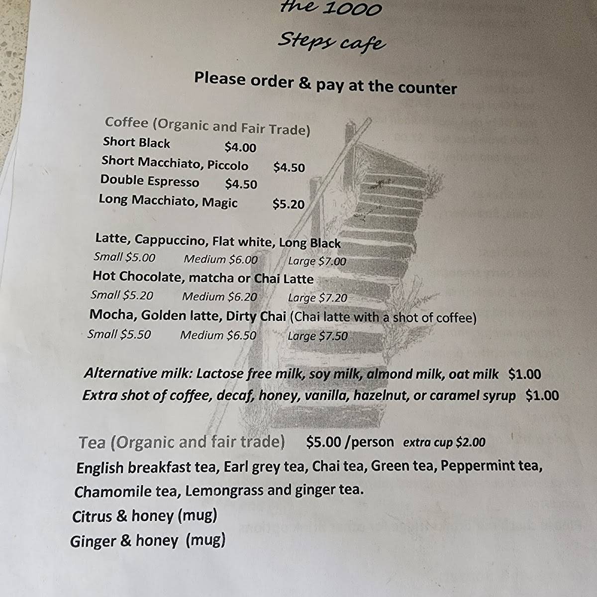 Menu at The 1000 Steps Cafe, Upper Ferntree Gully