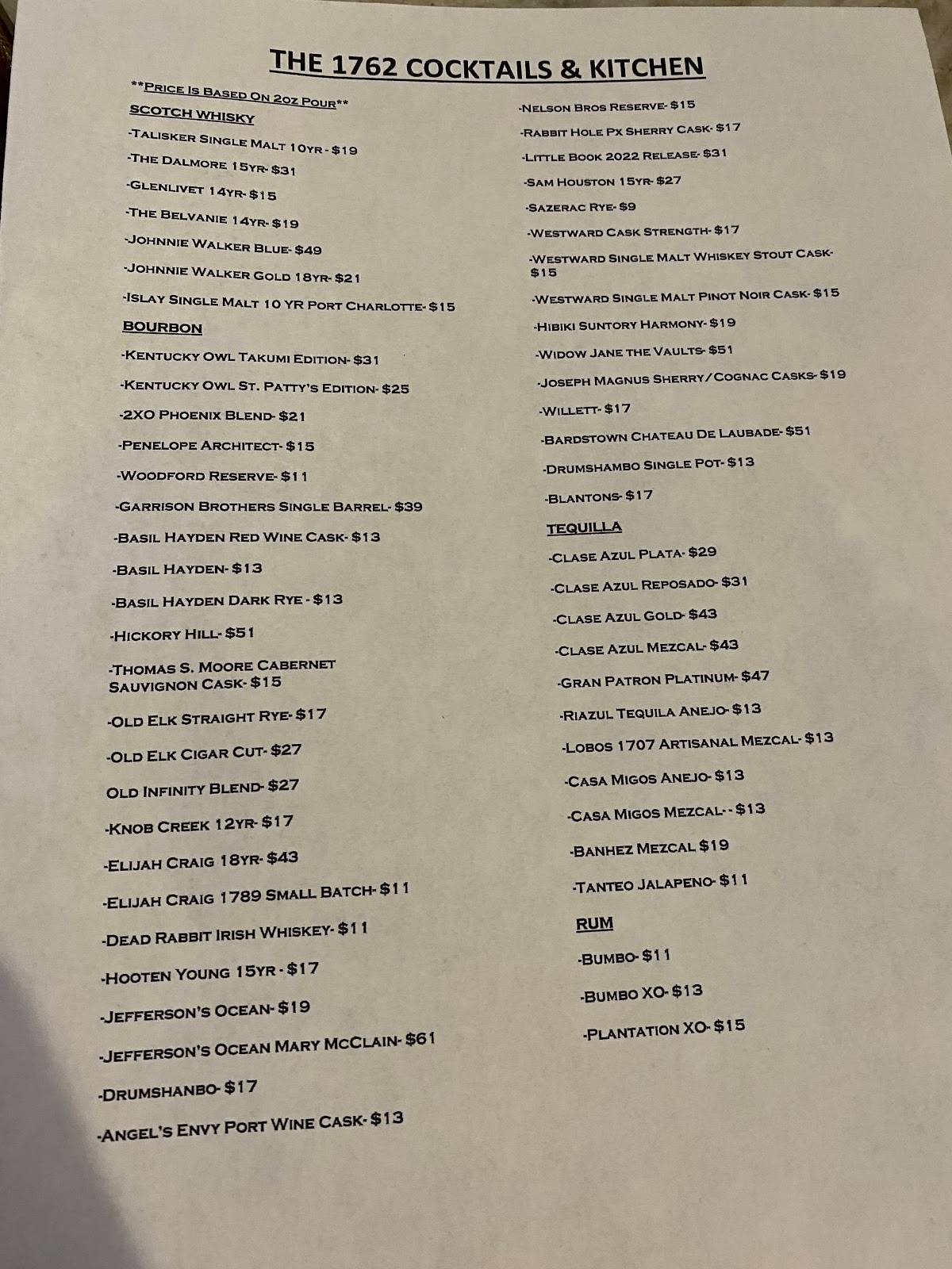 Menu at The 1762 pub & bar, Hummelstown