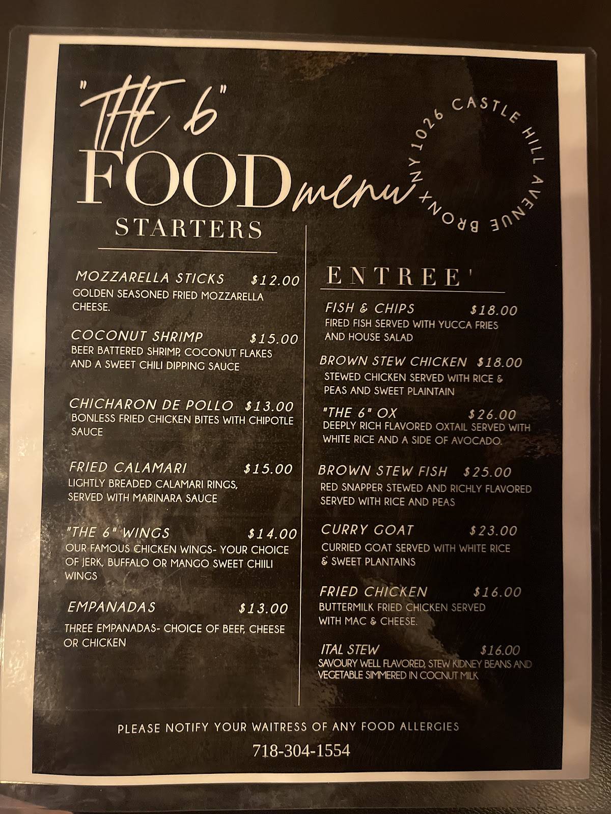 Menu at The 6 Lounge restaurant, New Rochelle