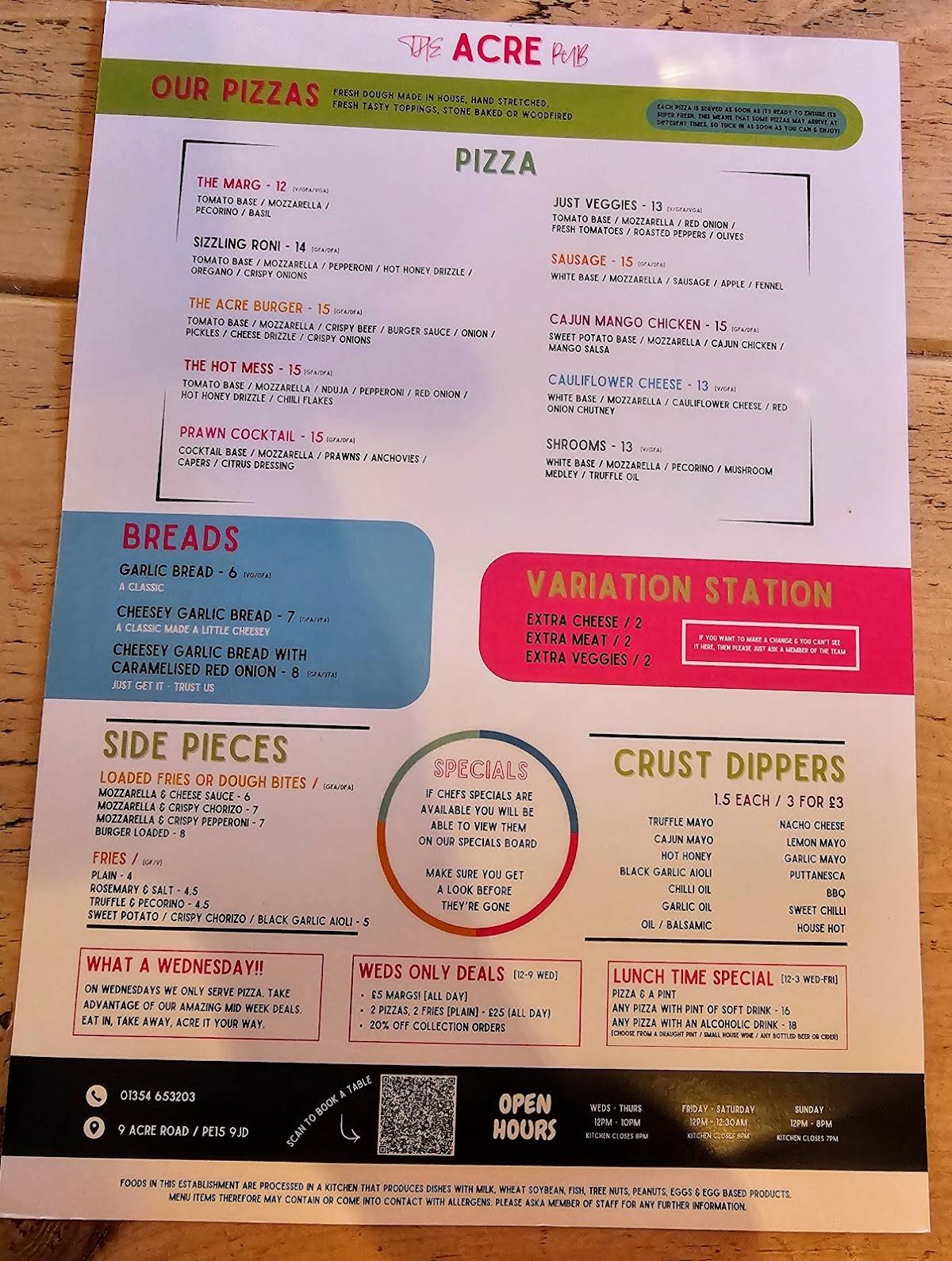 Menu at The Acre Pub, March