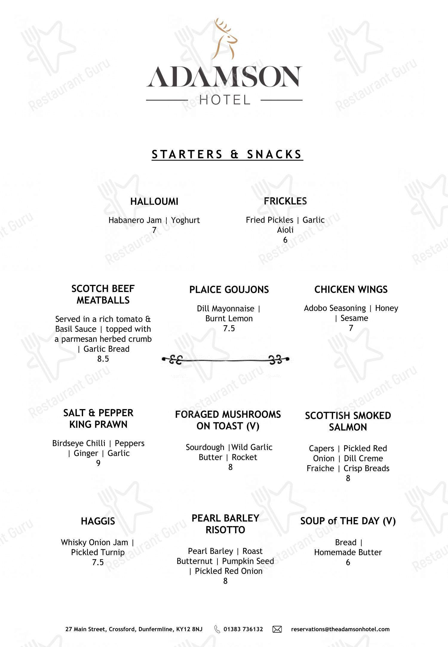 Menu at The Adamson Hotel restaurant, Dunfermline