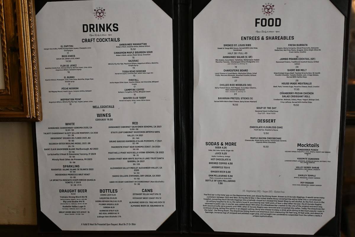 Menu at The Ahwahnee Bar, Yosemite Valley, 9005 Ahwahnee Drive