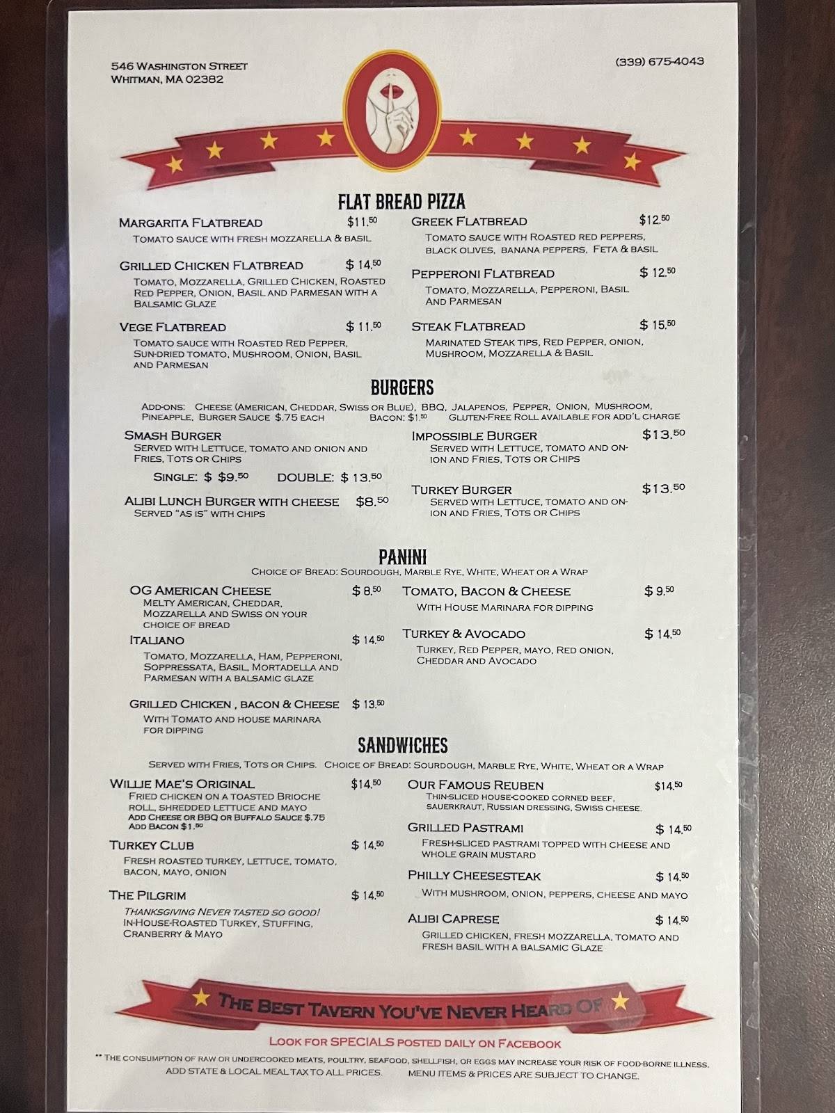 Menu at The Alibi Tavern pub & bar, Whitman