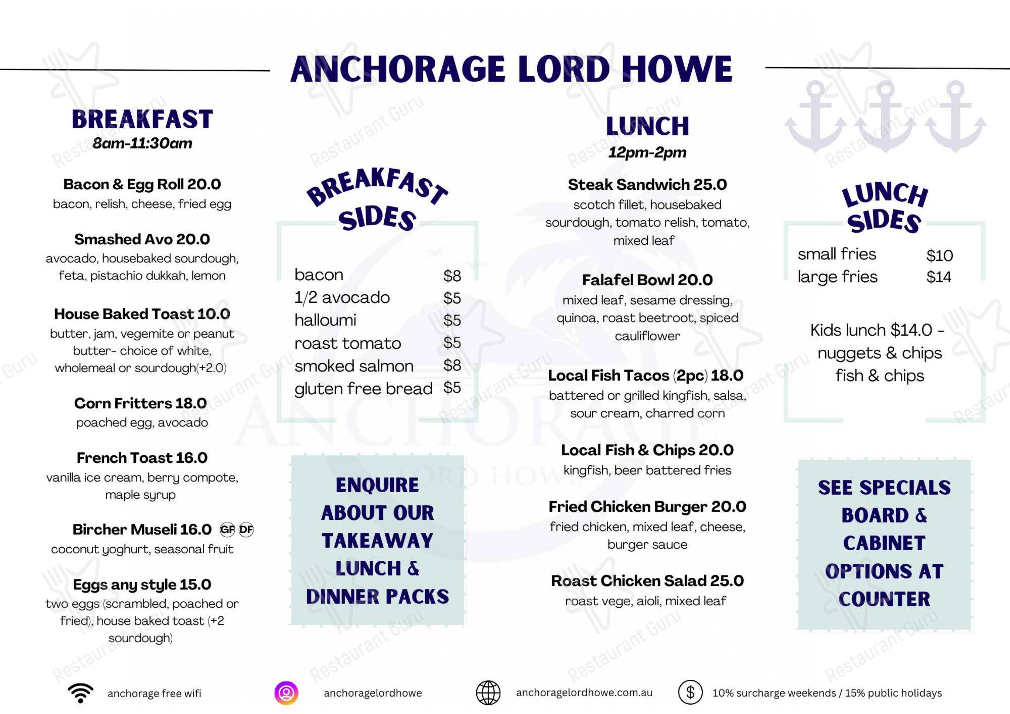 Menu at The Anchorage restaurant, Lord Howe Island