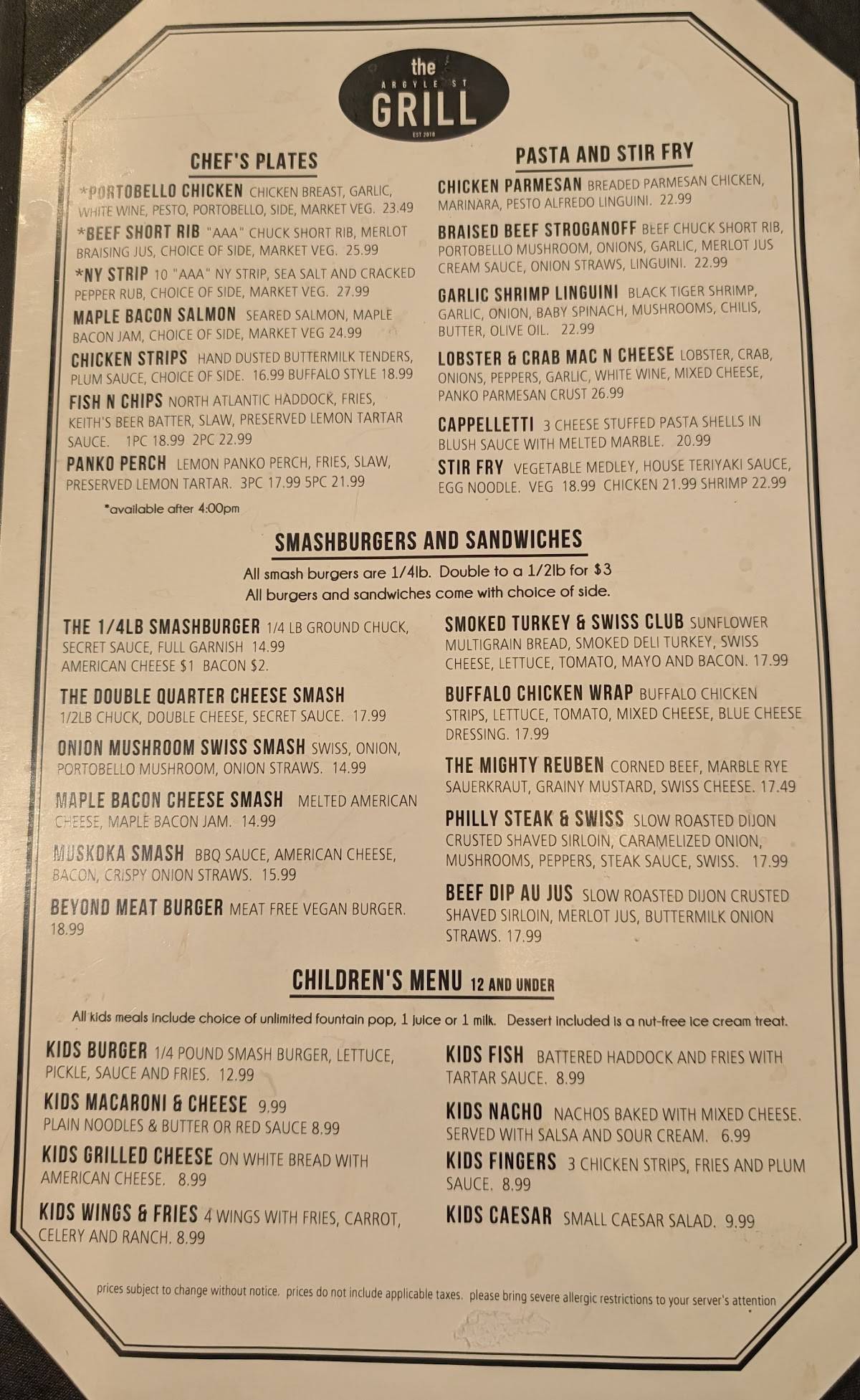 Menu at The Argyle Street Grill pub & bar, Caledonia