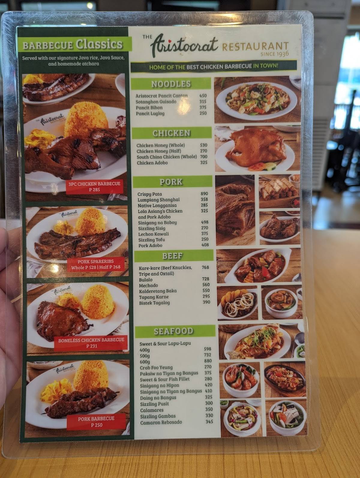Menu at The Aristocrat Restaurant, Manila, 1004 San Andres St