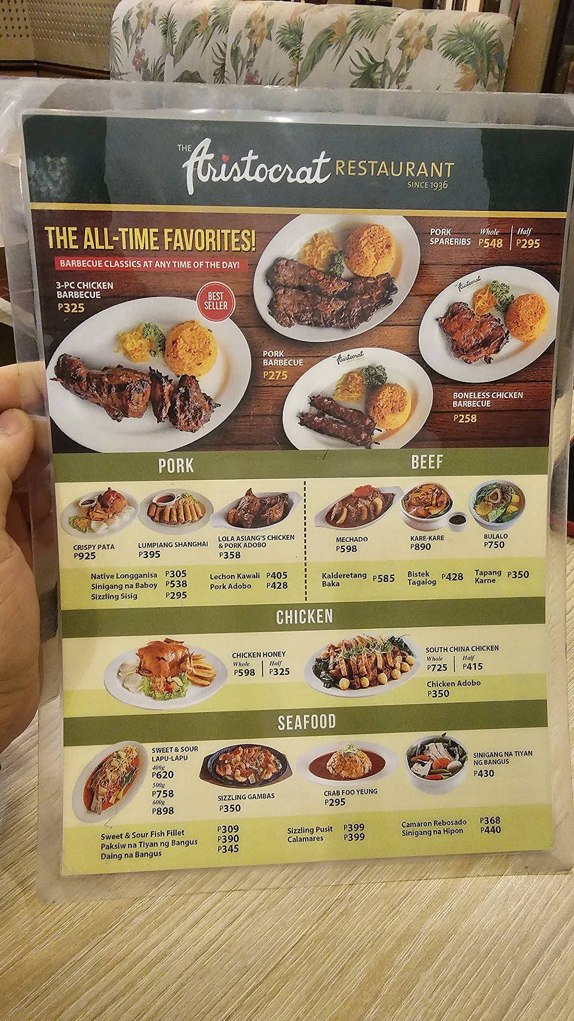Menu at The Aristocrat Restaurant, Manila, 1004 San Andres St