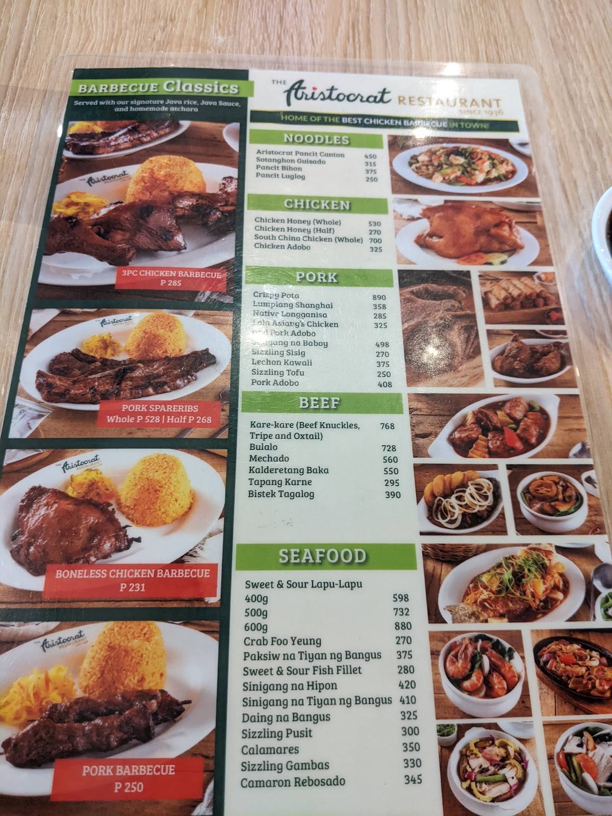 Menu at The Aristocrat Restaurant, Manila, 1004 San Andres St