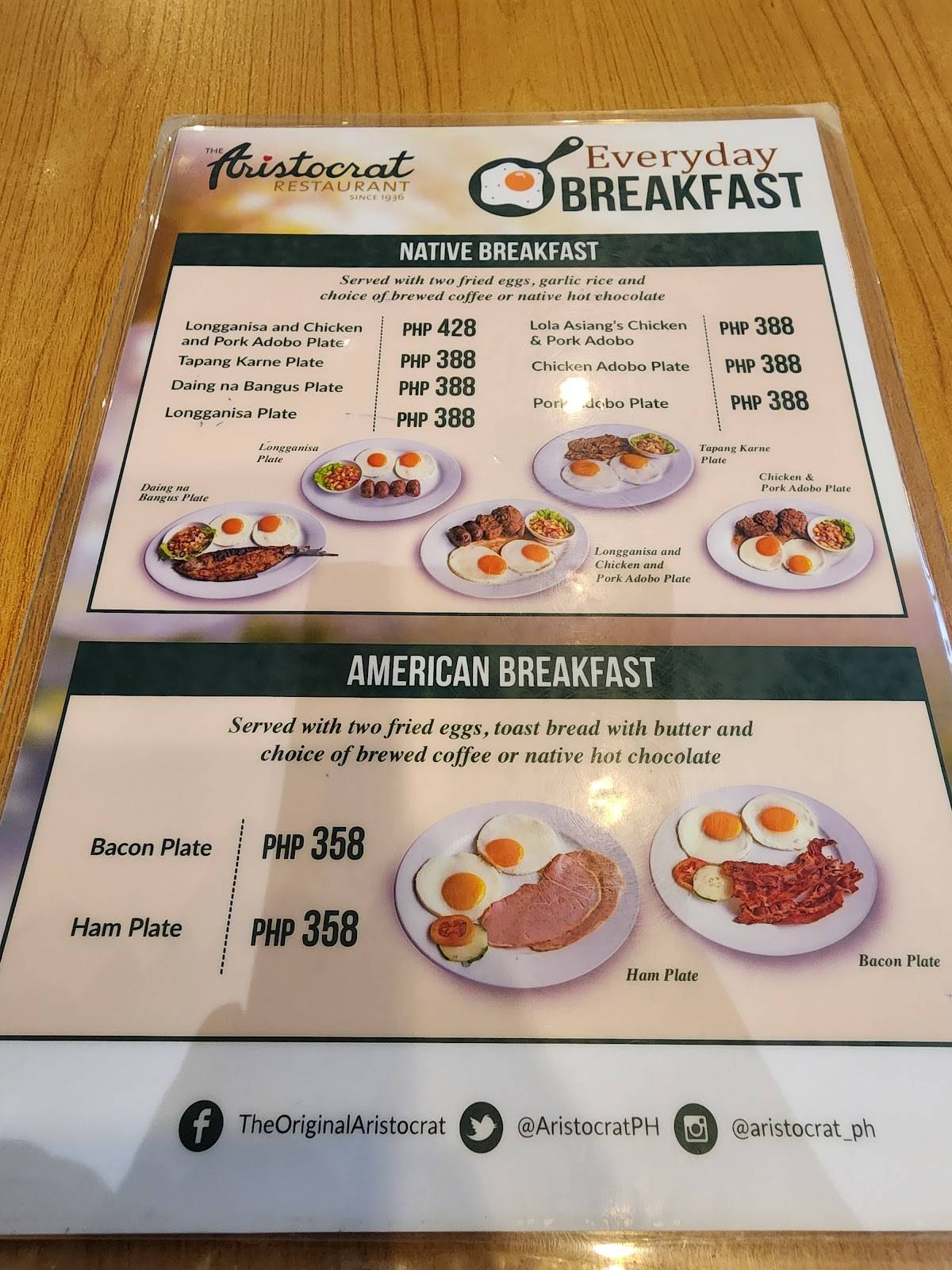 Menu at The Aristocrat Restaurant, Manila, 1004 San Andres St