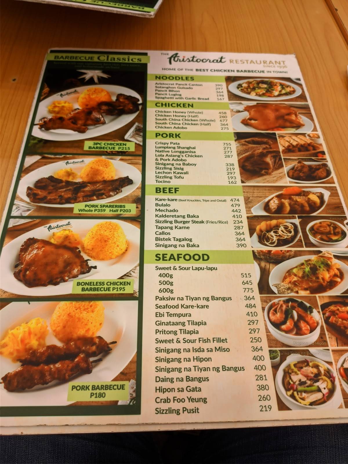 Menu at The Aristocrat Restaurant, Manila, 1004 San Andres St