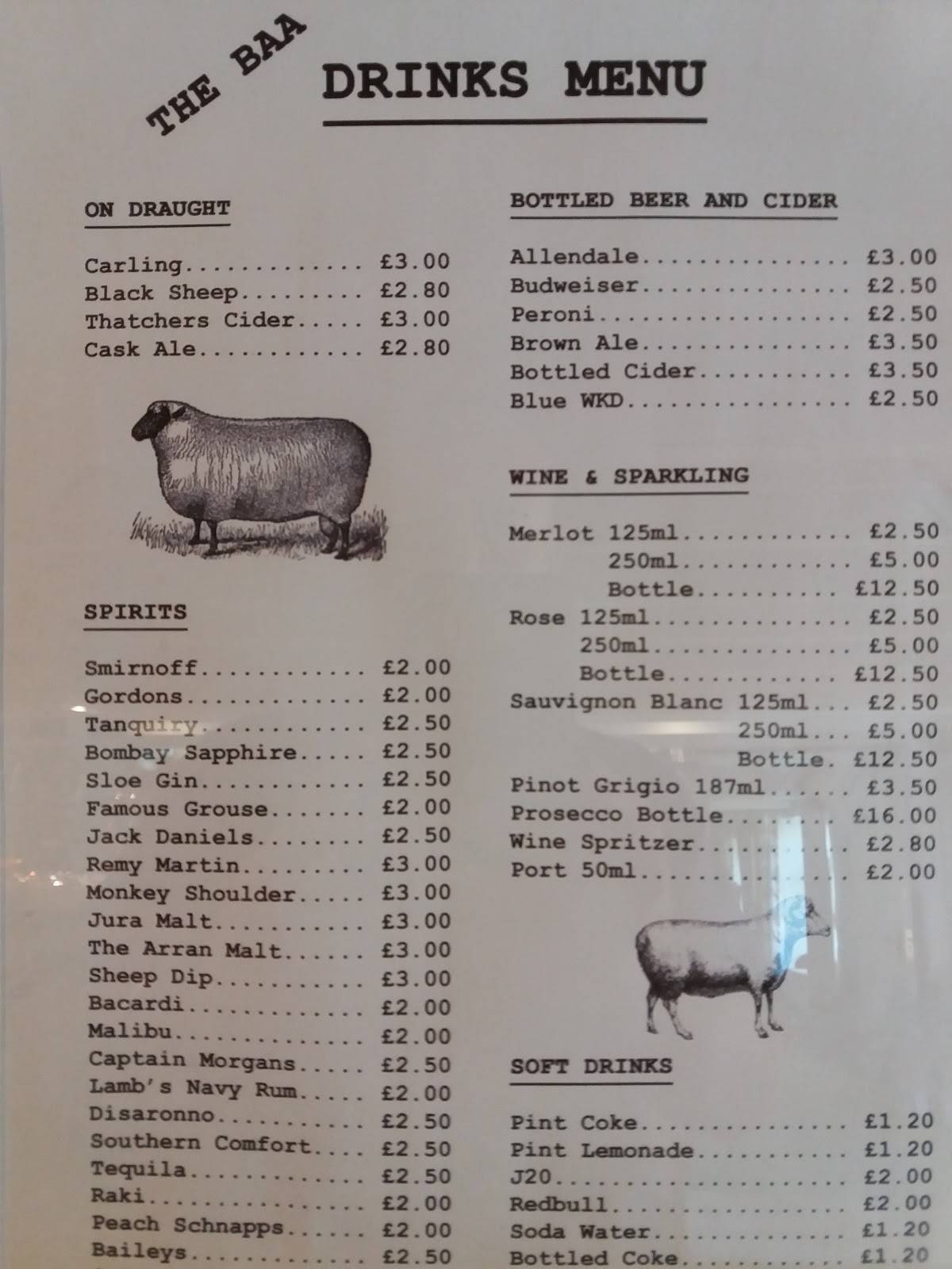 Menu at The Baa pub & bar, Lanchester