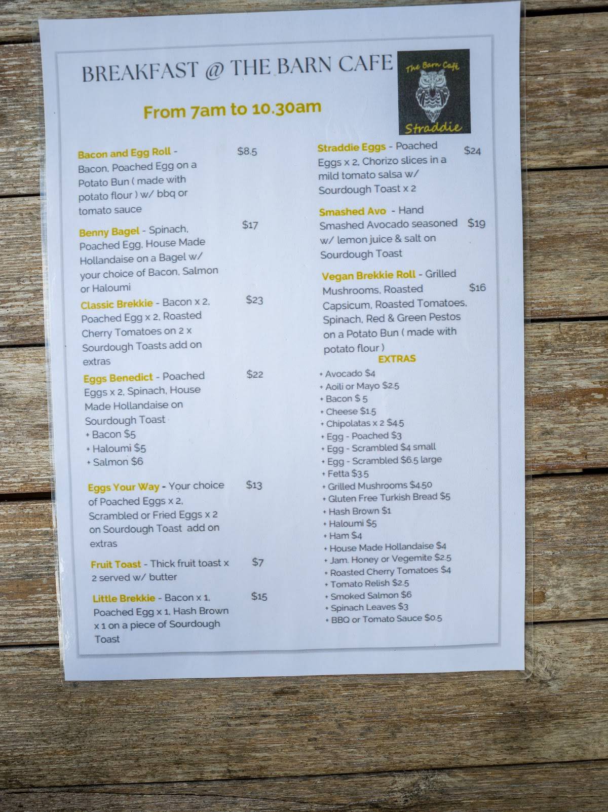 Menu at The Barn Cafe, Dunwich