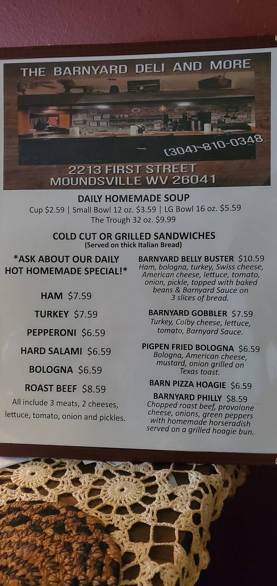 Menu at The Barnyard Deli and More, Moundsville