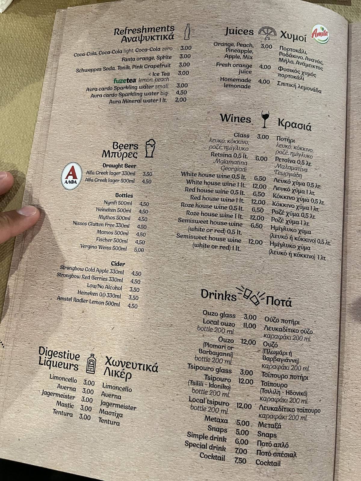 Menu at The Barrel, Nydri
