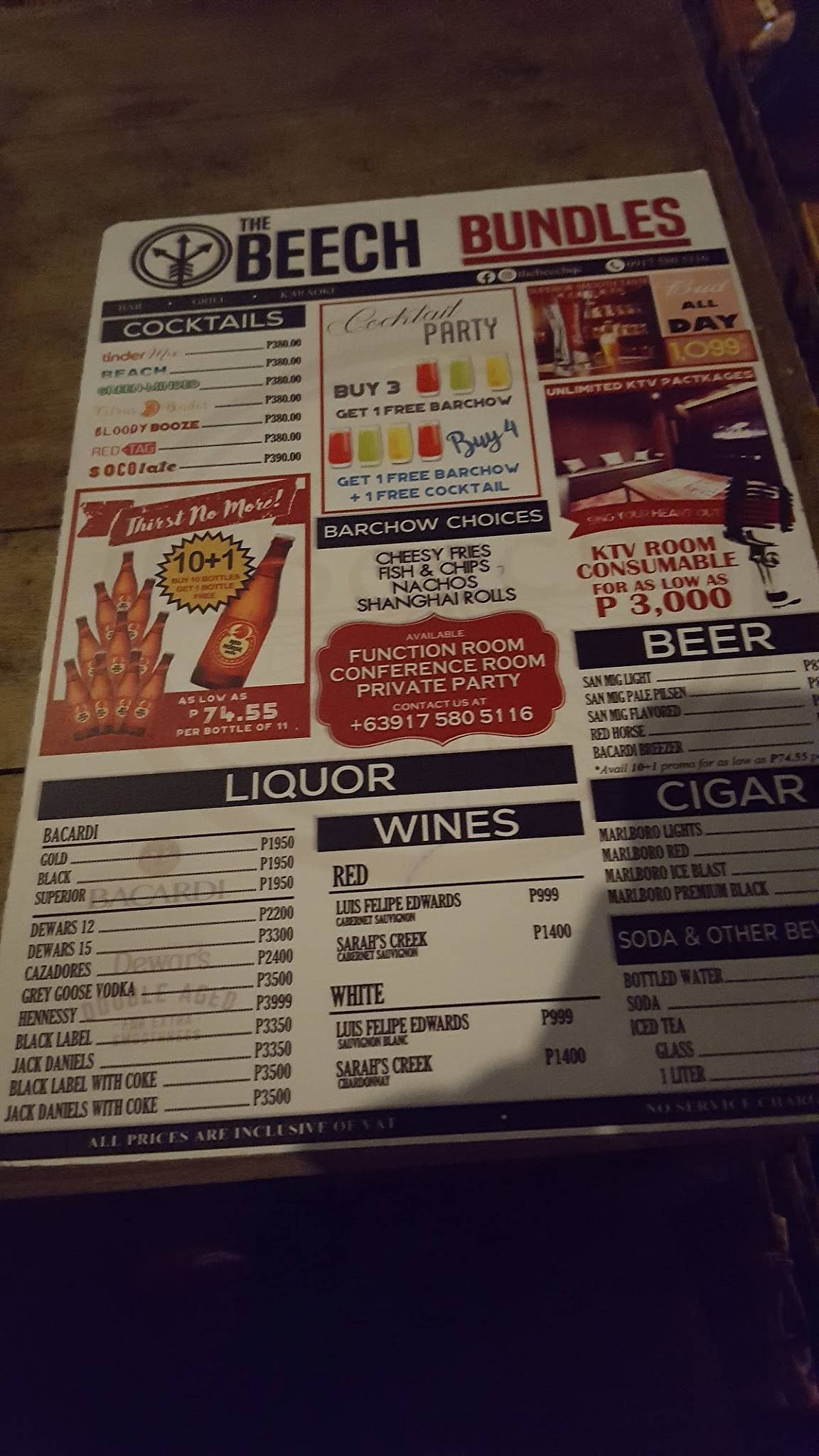 Menu at The Beech pub & bar, Quezon City