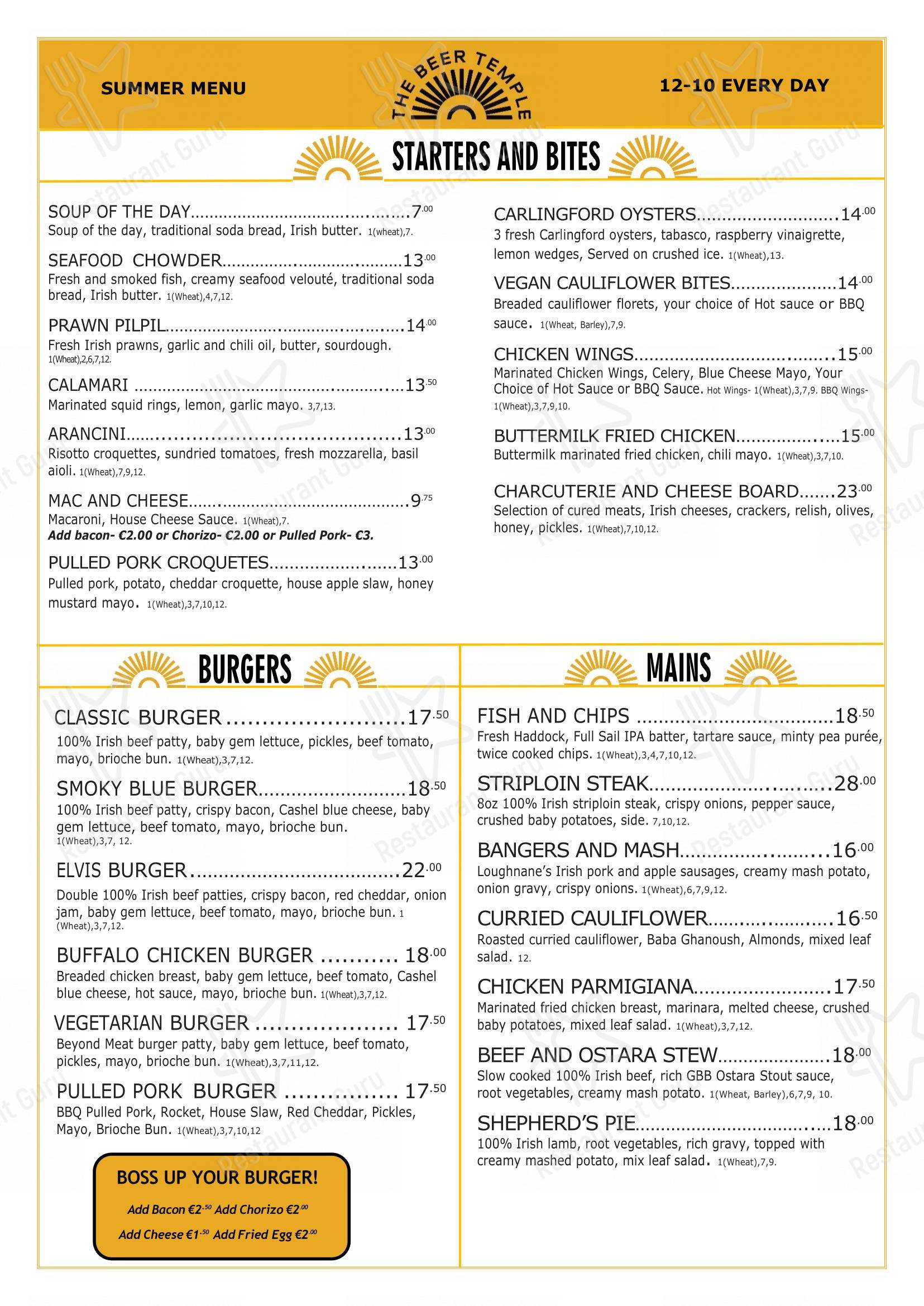 Carta del pub y bar The Beer Temple, Dublin