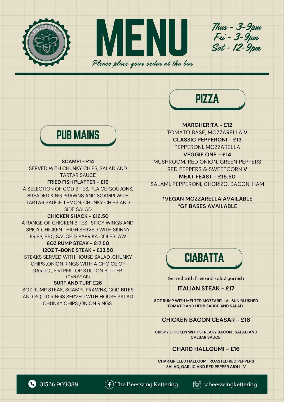 Menu at The Beeswing pub & bar, Kettering