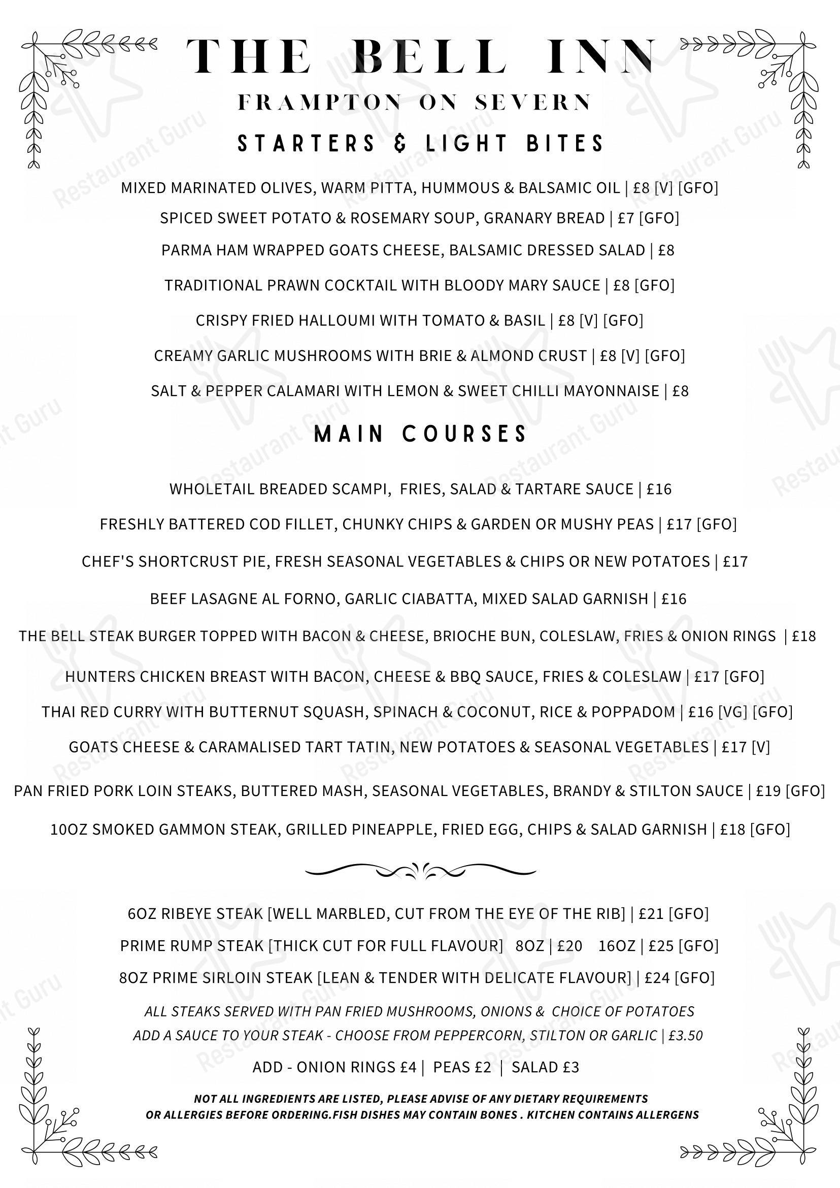 Menu at The Bell Inn, Frampton pub & bar, Frampton on Severn