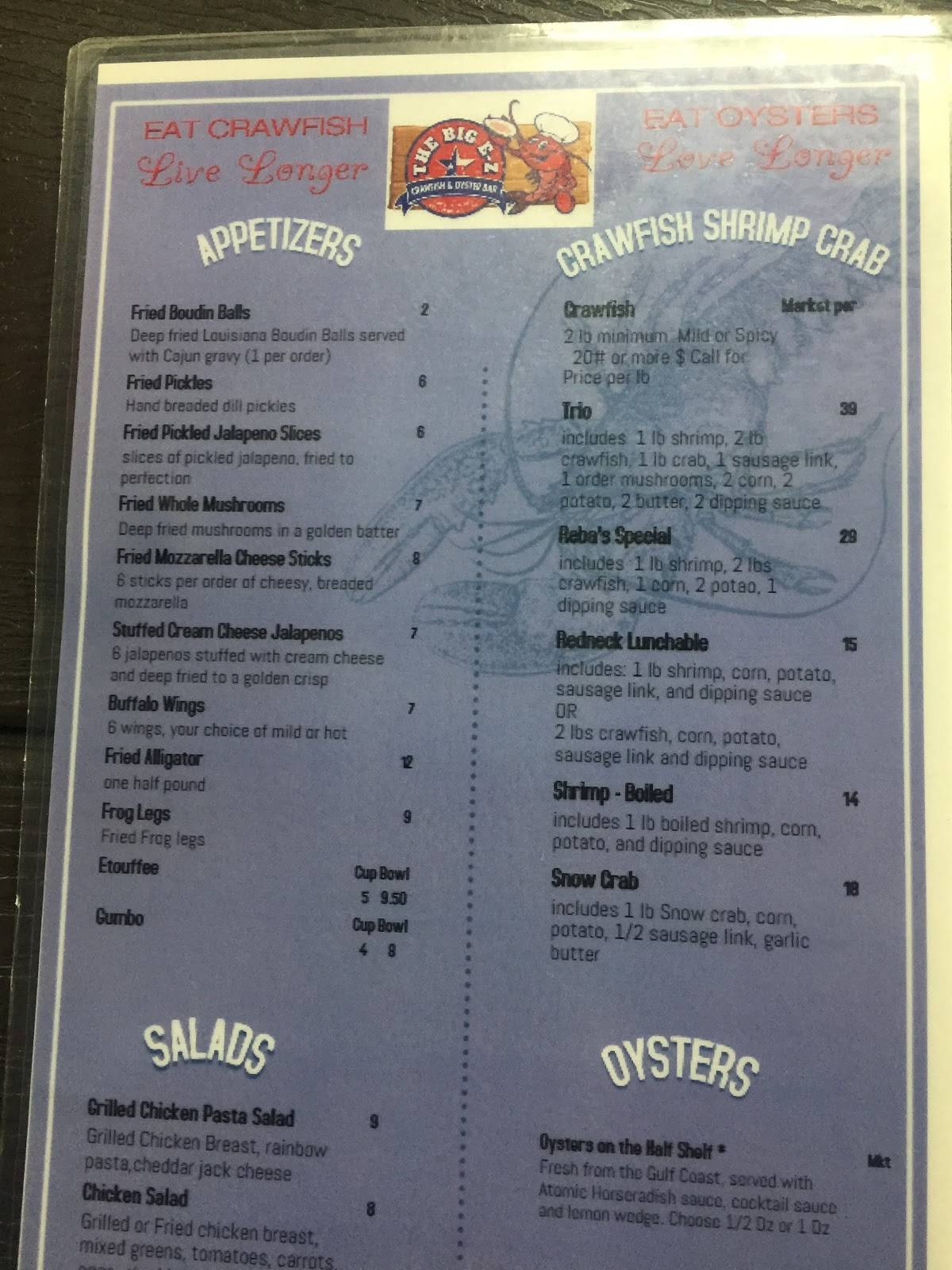 Menu at The Big E-Z Crawfish & Oyster Bar, Huntsville