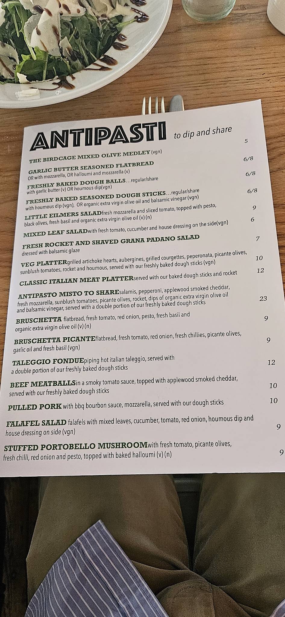 Menu at The Birdcage restaurant, Malmesbury
