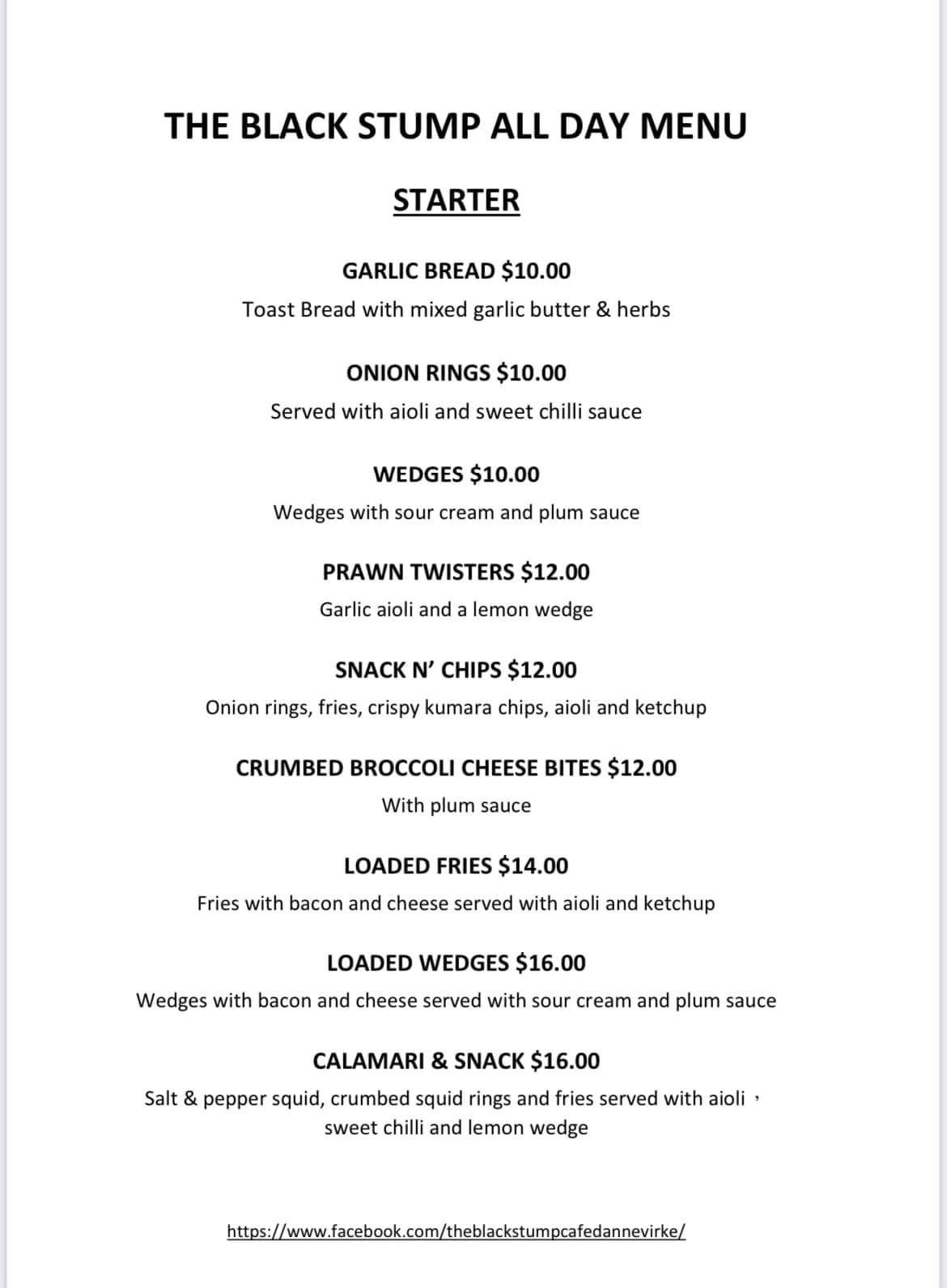 Menu at The Black Stump Cafe, Dannevirke