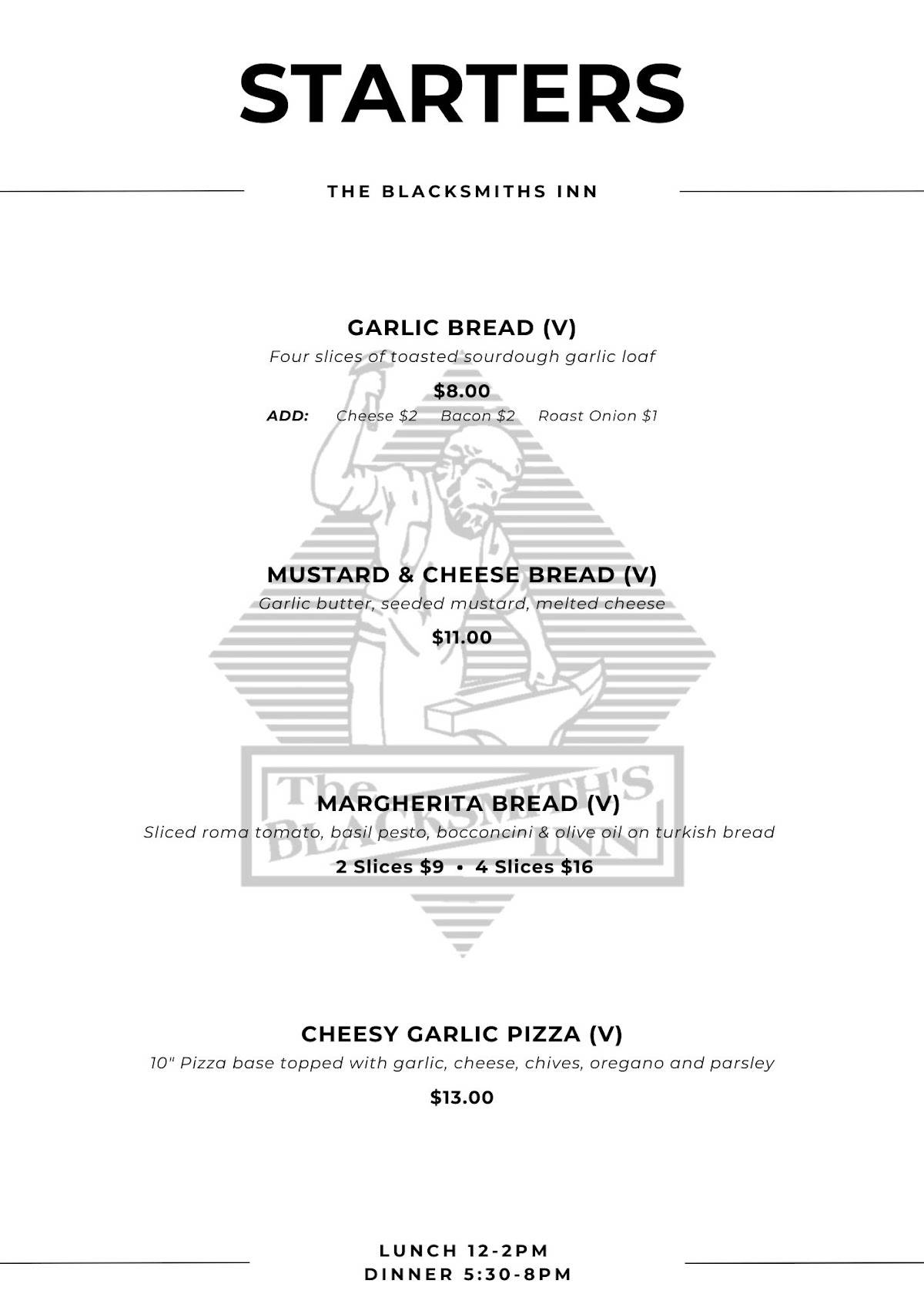 Menu at The Blacksmith's Inn restaurant, One Tree Hill