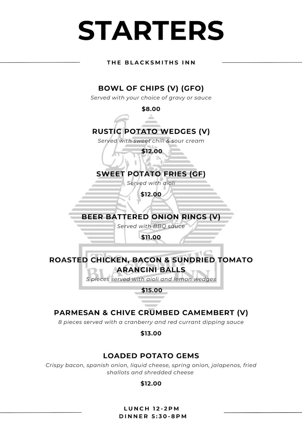 Menu at The Blacksmith's Inn restaurant, One Tree Hill