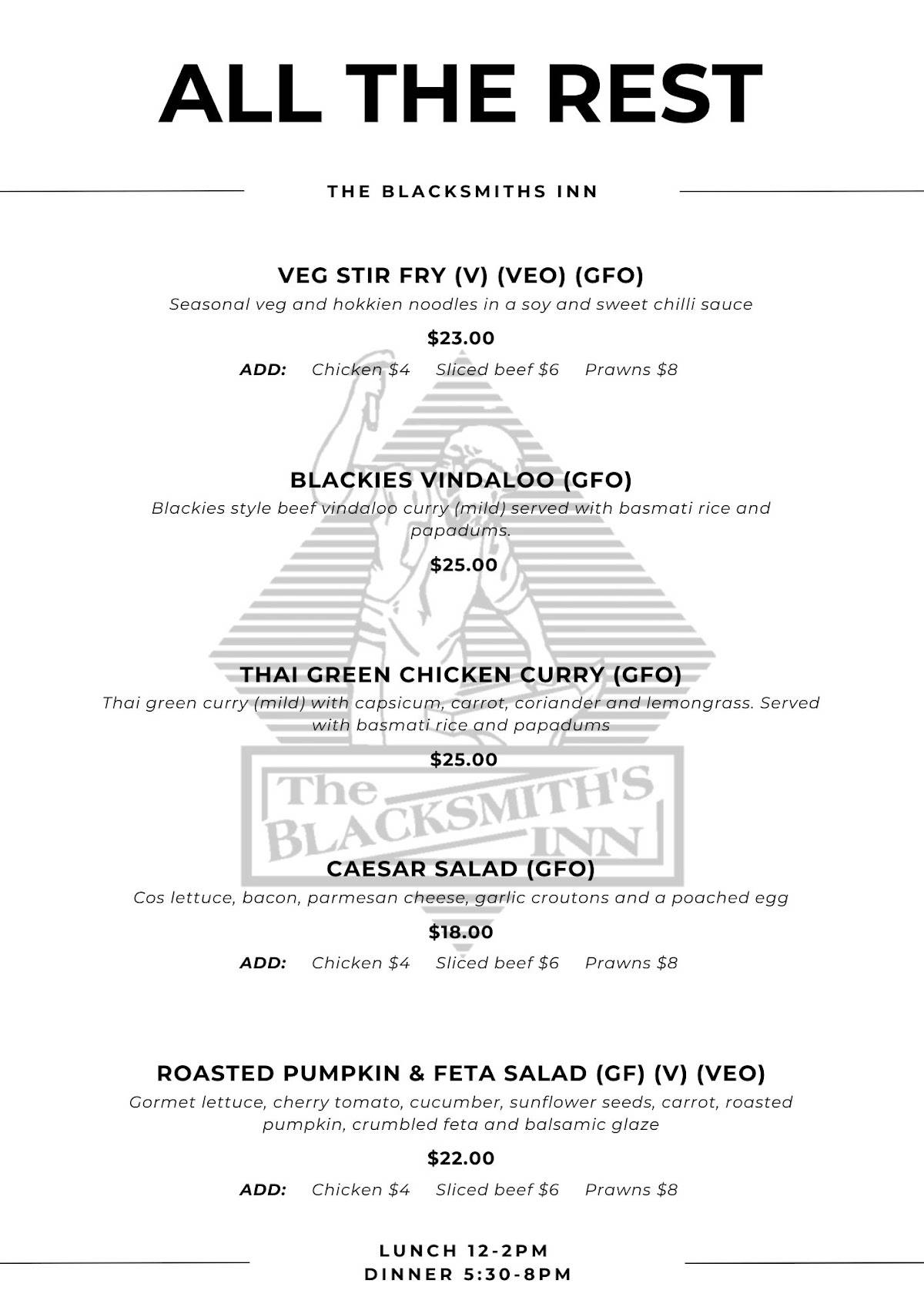 Menu at The Blacksmith's Inn restaurant, One Tree Hill