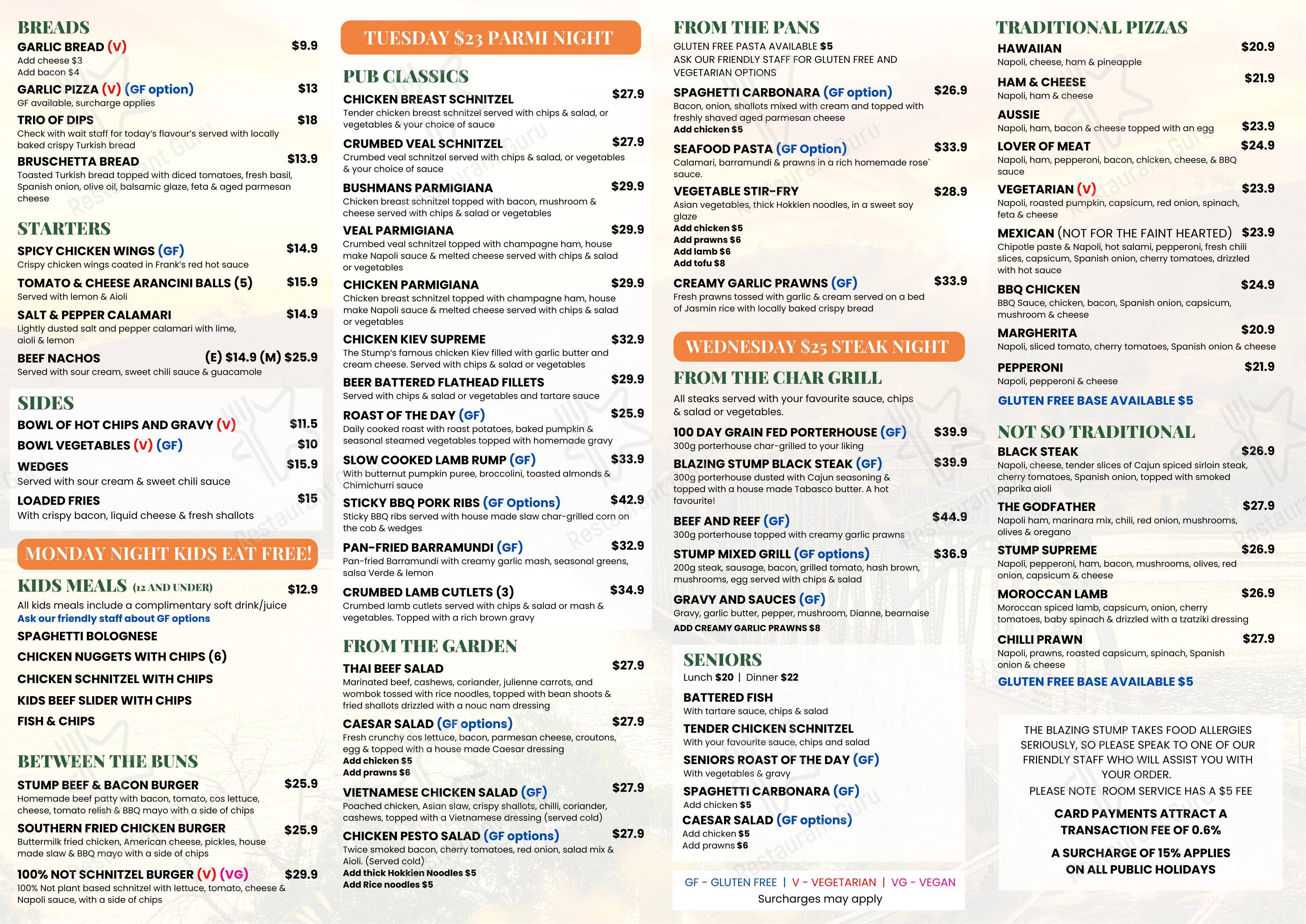 Menu at The Blazing Stump Hotel pub & bar, Wodonga, Anzac Parade