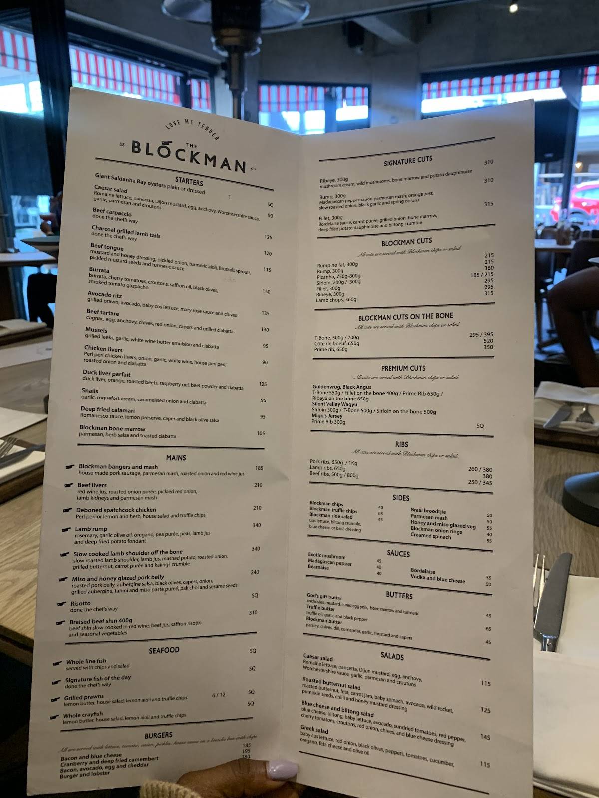 Menu at The Blockman restaurant, Randburg