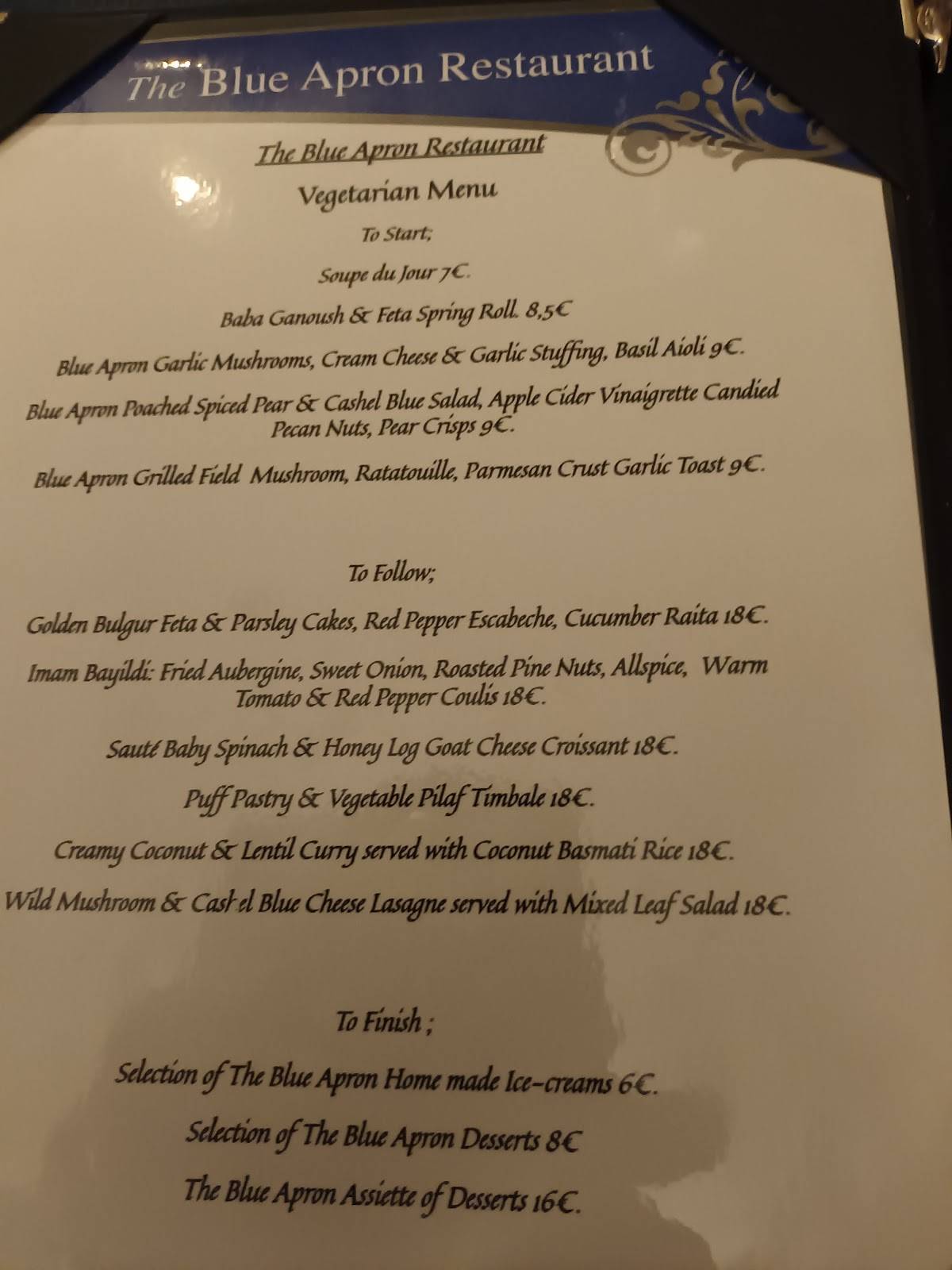 Menu at The Blue Apron Restaurant, Tullamore