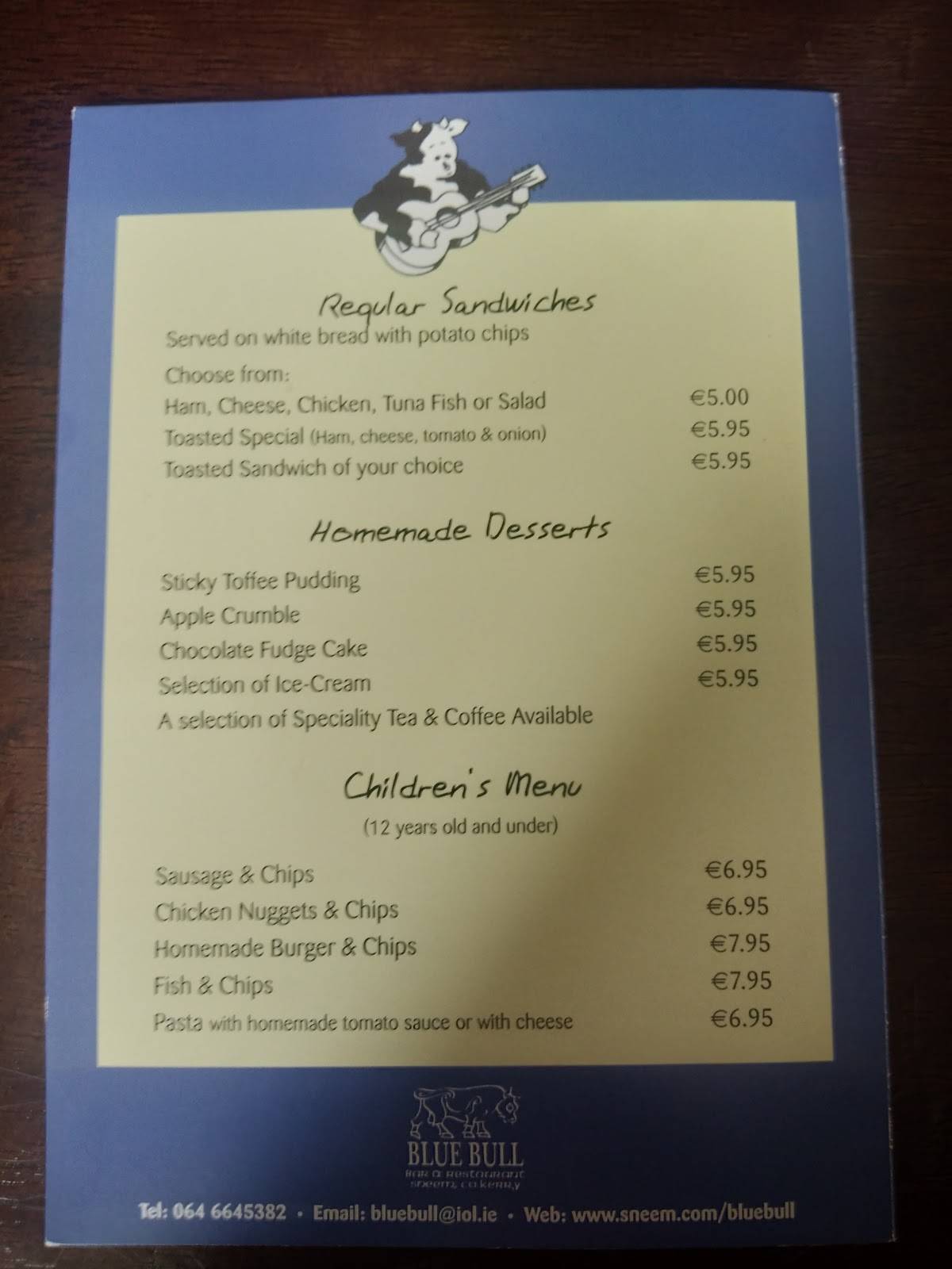 Menu at The Blue Bull pub & bar, Sneem
