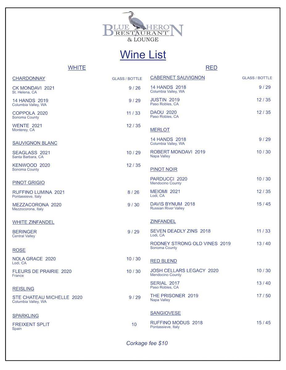 Menu at The Blue Heron Restaurant & Lounge, Yosemite Lakes