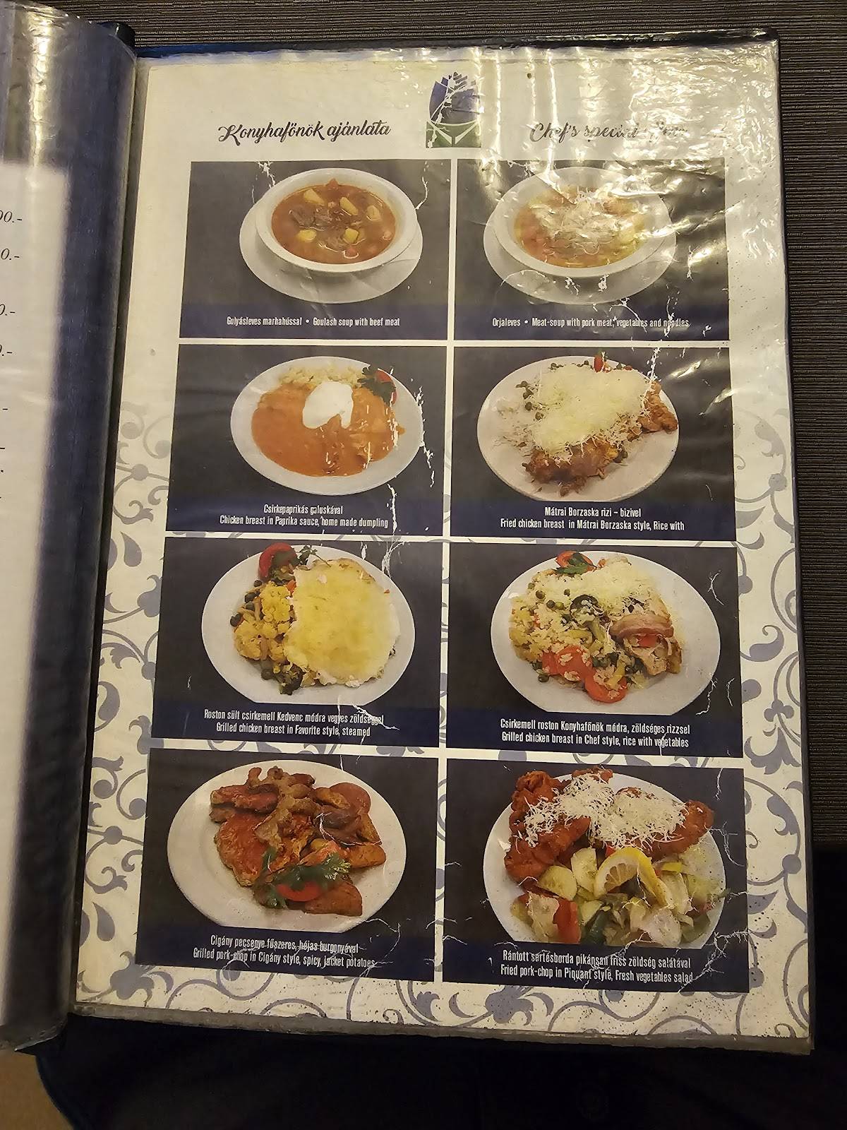 Menu at The Blue Rose Restaurant, Budapest