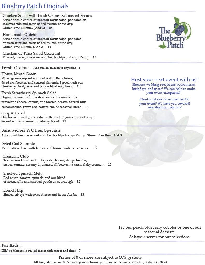 Menu at The Blueberry Patch cafe, Mansfield