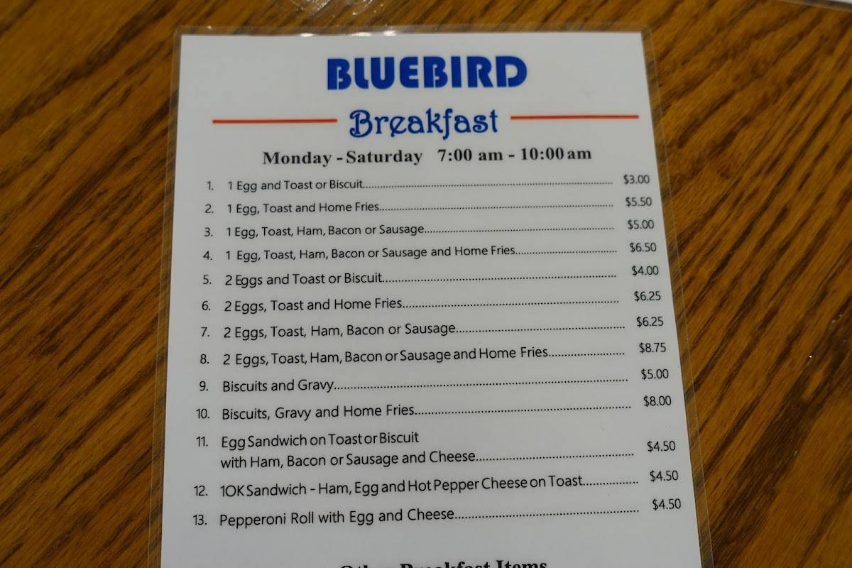 Menu at The Bluebird restaurant, Clarksburg