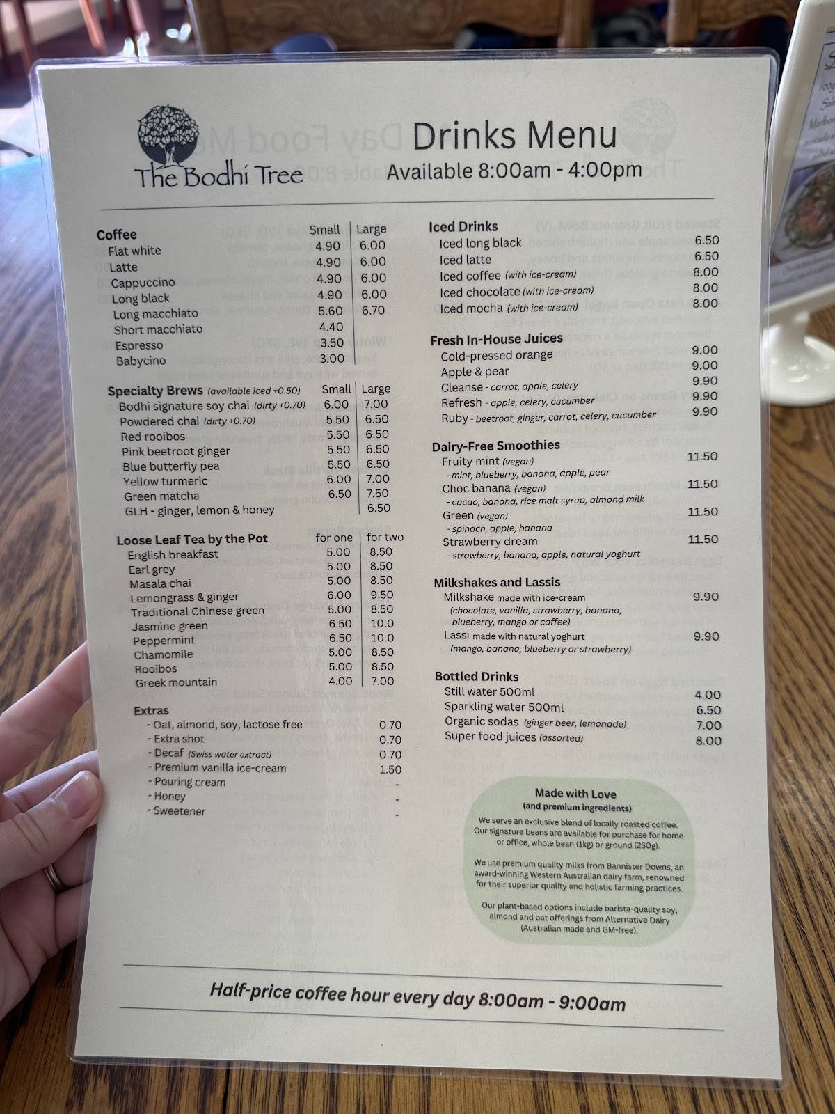Menu at The Bodhi Tree cafe, Mount Hawthorn